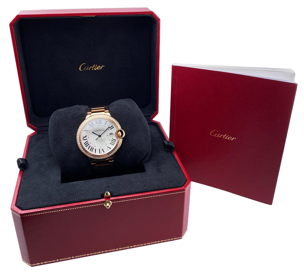 Cartier Ballon Bleu WJBB0038 Diamond 18K Rose Gold Mens Watch Box Pape