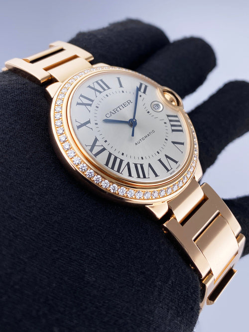 Cartier Ballon Bleu WJBB0038 Diamond 18K Rose Gold Mens Watch Box Pape
