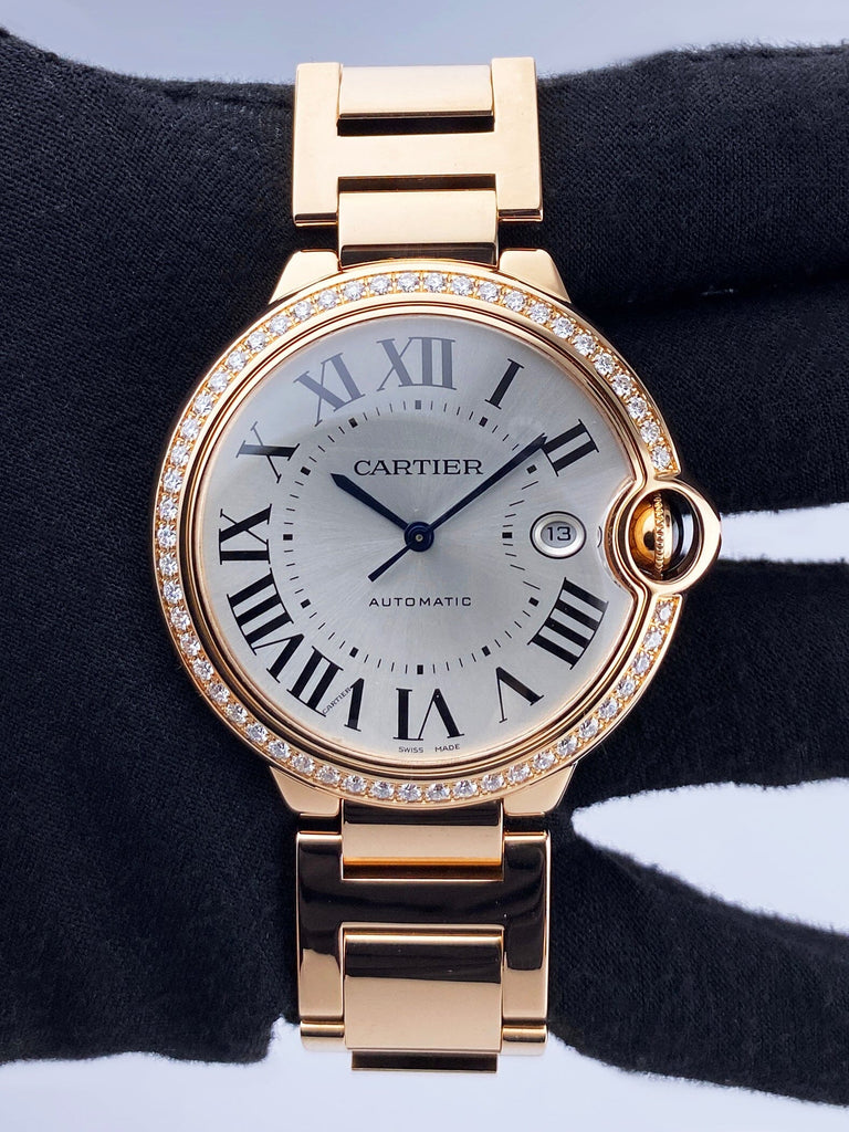 Cartier Ballon Bleu WJBB0038 Diamond 18K Rose Gold Mens Watch Box Pape