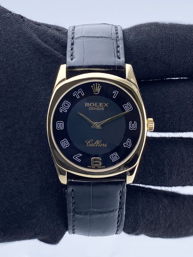 Rolex Cellini Danaos 4233/8 Black Dial 18K Yellow Gold Mens Watch Box