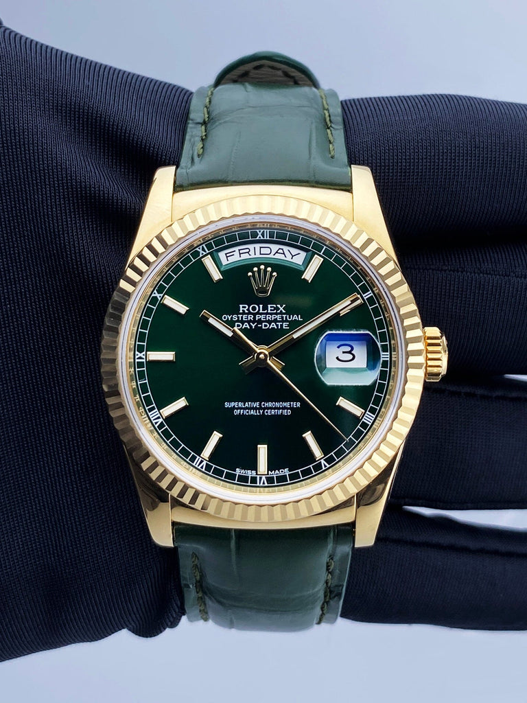 Rolex Day Date 118138 Green Dial 18K Yellow Gold Mens Watch