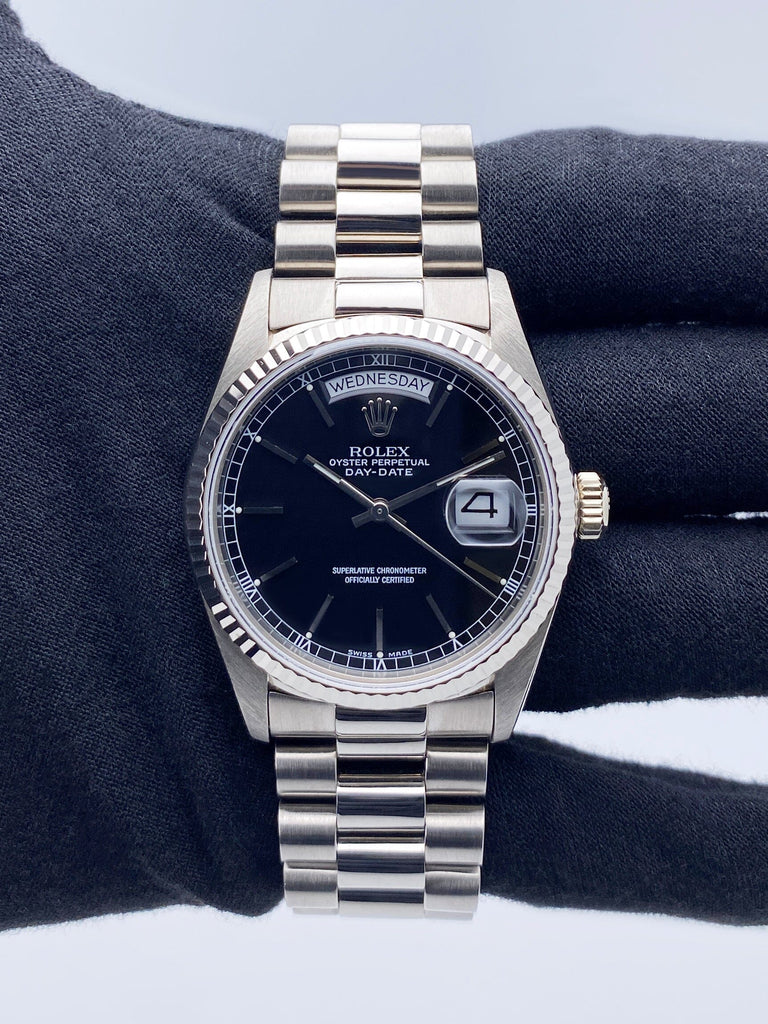 Rolex Day-Date 18039 Black Dial 18K White Gold Mens Watch Box Papers