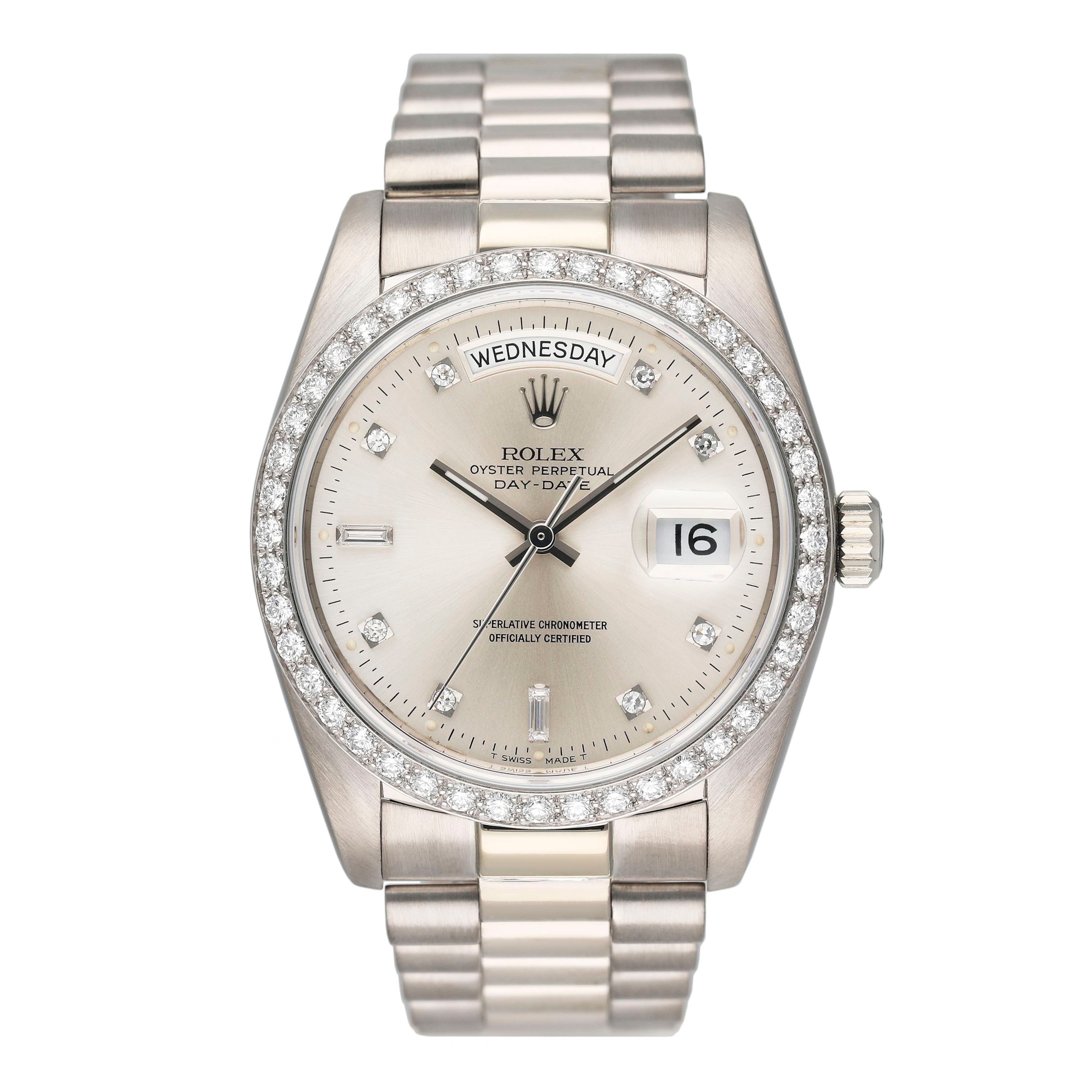 Rolex Day-Date 18049 Diamond Silver Dial 18K White Gold Mens Watch Box ...