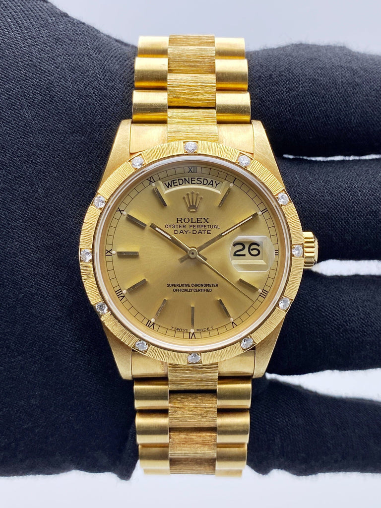 Rolex Day Date 18108 Diamond18K Yellow Gold Bark Finish Mens Watch