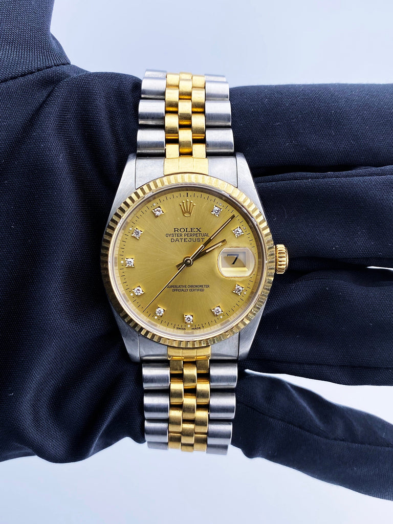 Rolex Datejust 16233 Diamond Champagne Dial Mens Watch Box Papers