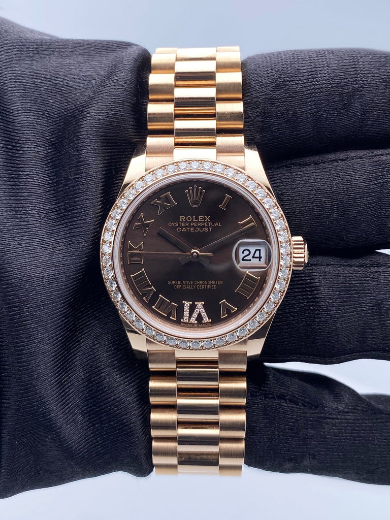 Rolex Datejust 278285RBR Diamond Chocolate Dial Rose Gold Watch Box Pa