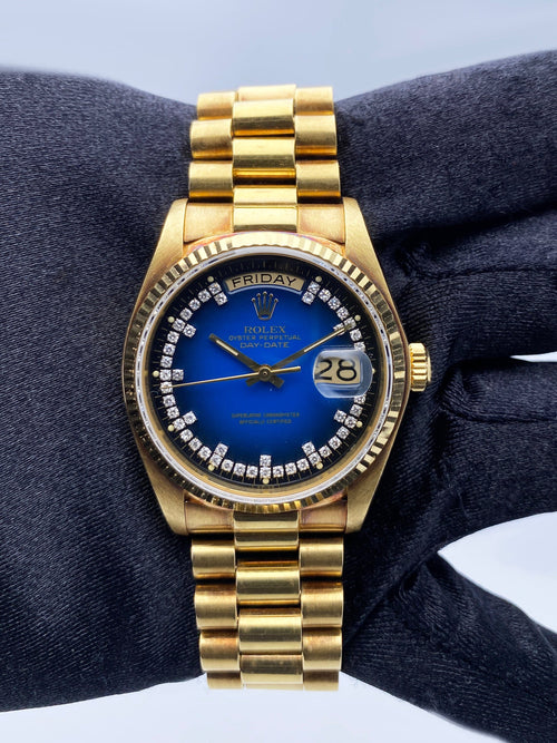 Rolex Day Date 18038 Blue Vignette Diamond Dial Yellow Gold Mens Watch