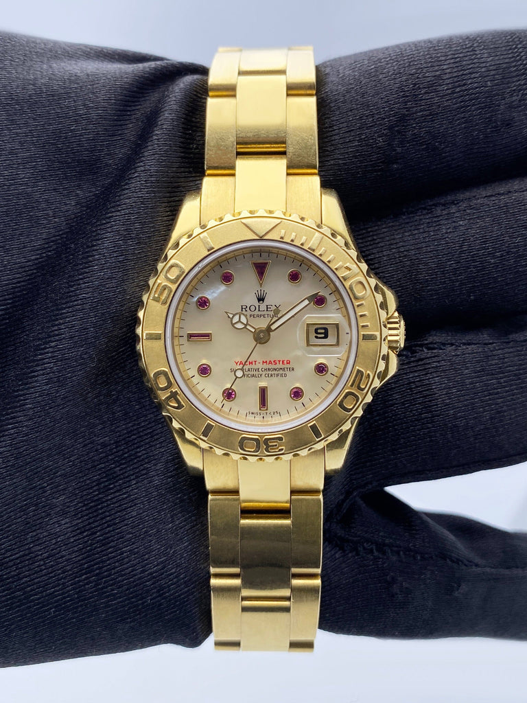 Rolex Yacht Master 69628 MOP Ruby Dial 18K Yellow Gold Watch Box Paper