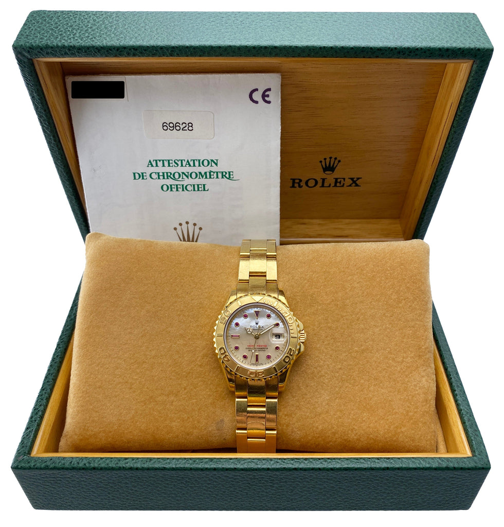 Rolex Yacht Master 69628 MOP Ruby Dial 18K Yellow Gold Watch Box Paper