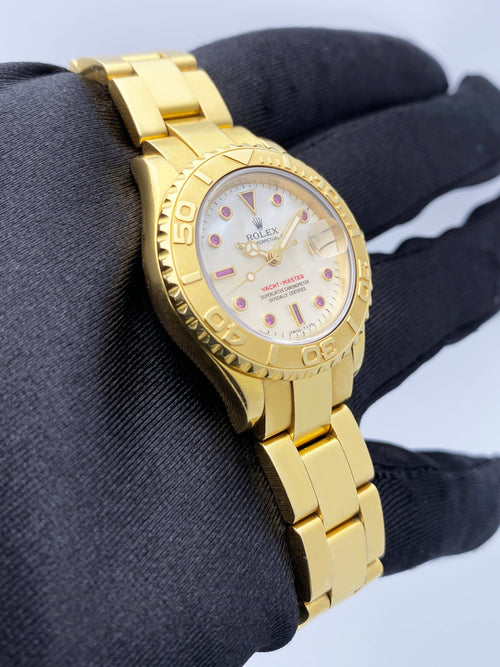 Rolex Yacht Master 69628 MOP Ruby Dial 18K Yellow Gold Watch Box Paper